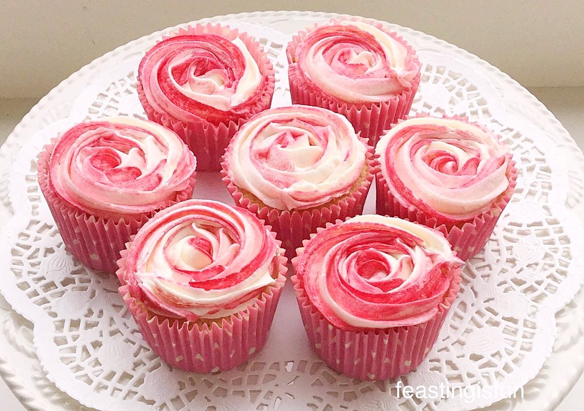 Raspberry Ripple Almond Cupcakes - Feasting Is Fun