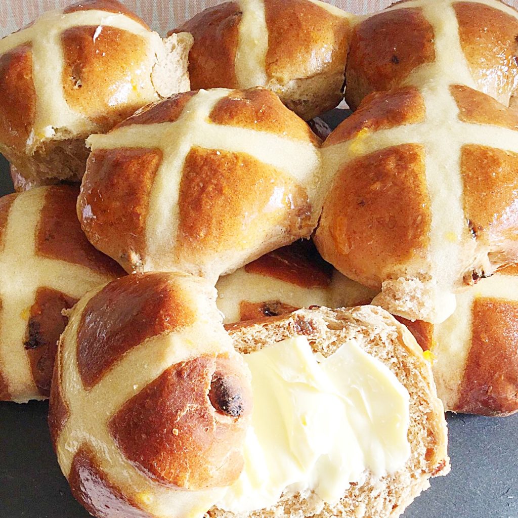 Cherry Bakewell Hot Cross Buns - Feasting Is Fun
