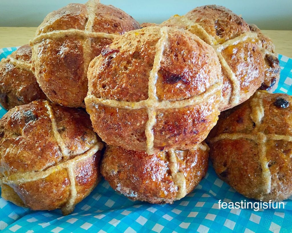 Cherry Bakewell Hot Cross Buns - Feasting Is Fun