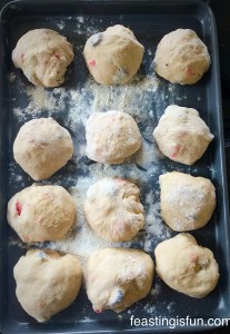 Cherry Bakewell Hot Cross Buns - Feasting Is Fun
