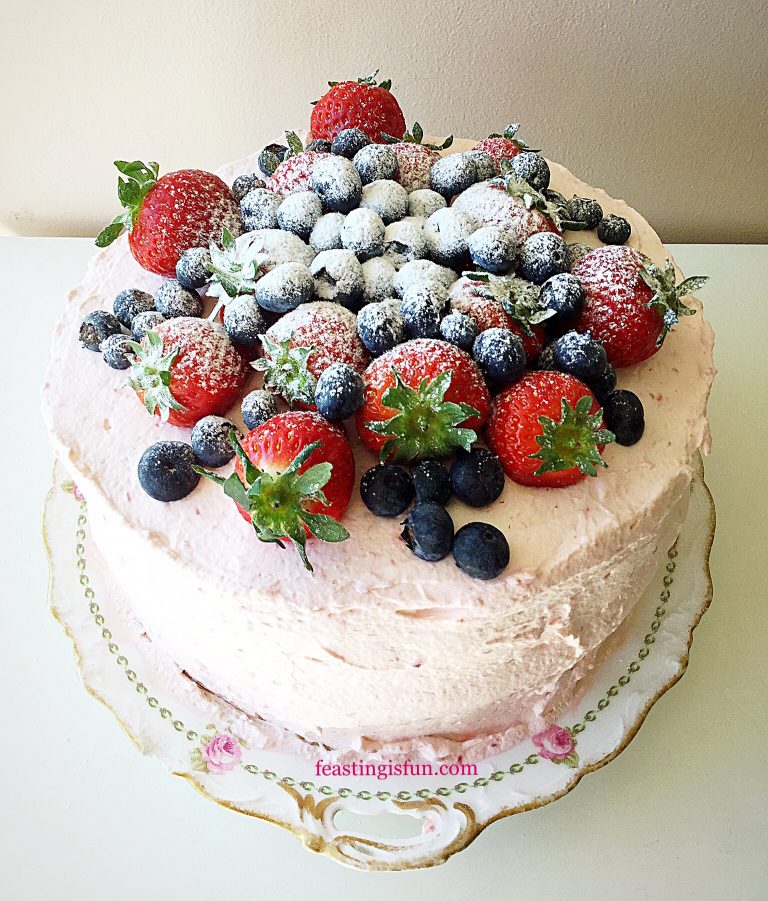 Summer Mixed Berry Sponge Cake - Feasting Is Fun