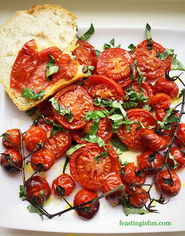 Fresh Basil Topped Slow Roasted Tomatoes - Feasting Is Fun