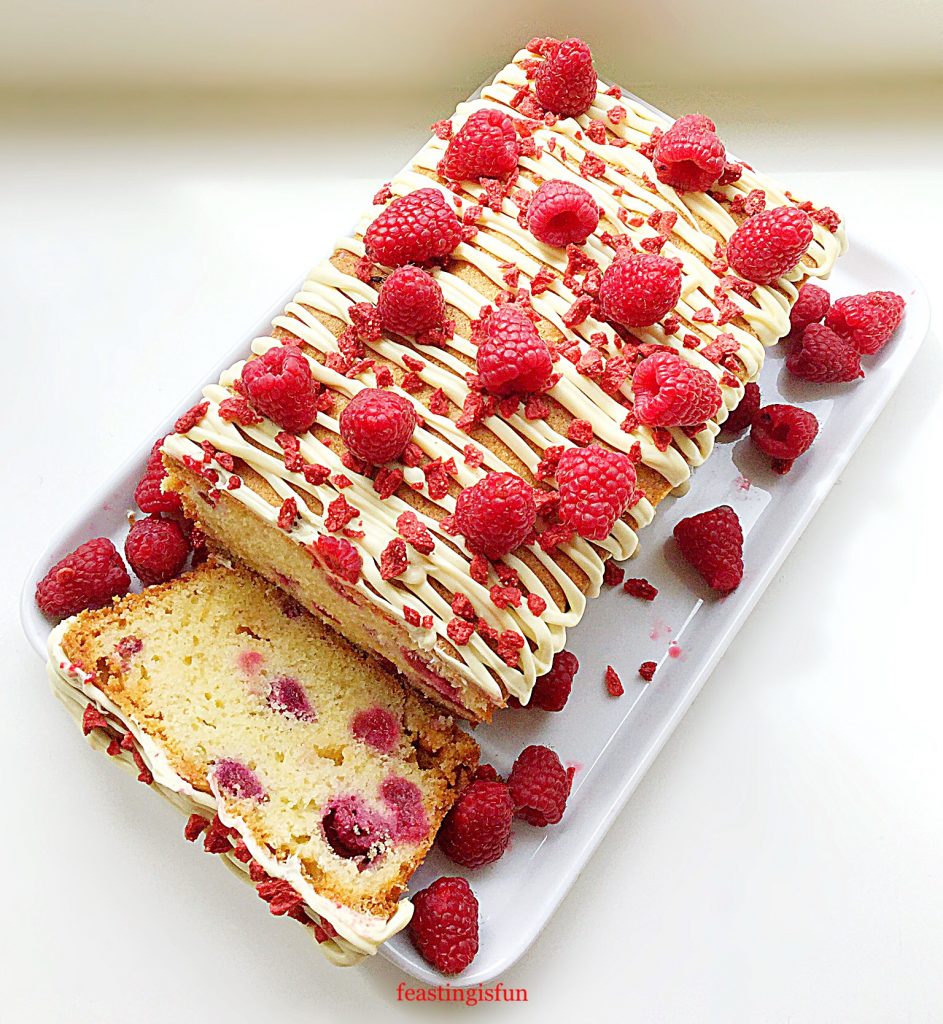 Raspberry Drizzle Loaf Cake - Feasting Is Fun